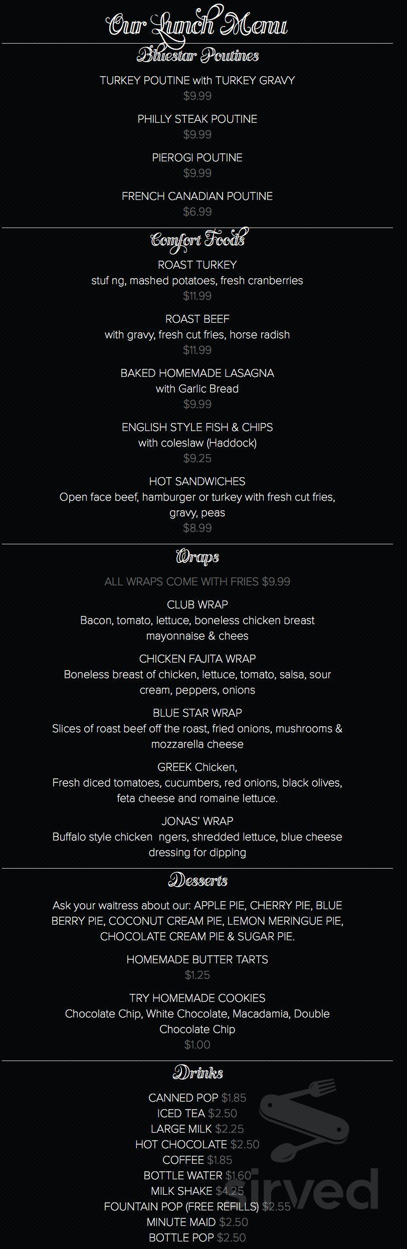 Menu for Blue Star Restaurant in Welland, Ontario, Canada