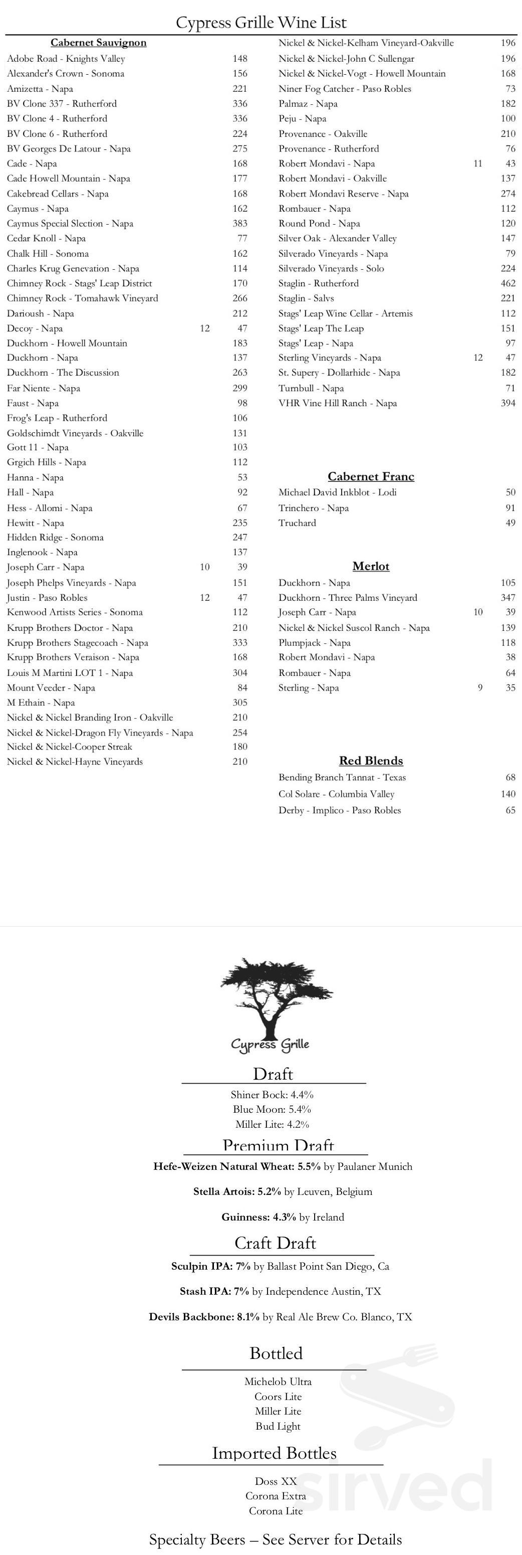 Cypress Grille menu in Boerne, Texas, USA