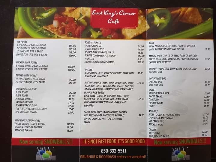 East Kings Corner Outdoor Cafe menu in Pensacola, Florida, USA