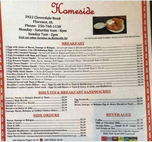 Homeside Restaurant - Cloverdale Rd. menu in Florence, Alabama, USA