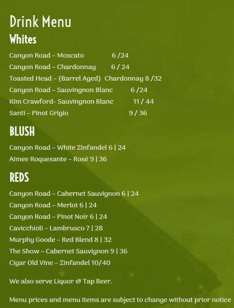 Whistler's Knoll menu in Hortonville, Wisconsin, USA