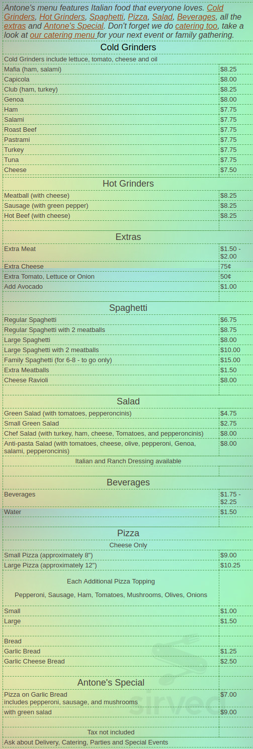 Antone's Italian Food menus in Riverside, California, United States