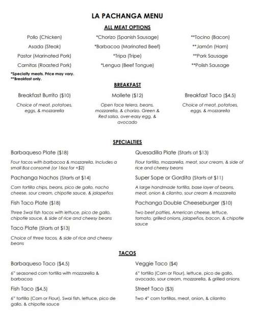 La Pachanga Mexican Food menu in Aloha, Oregon, USA