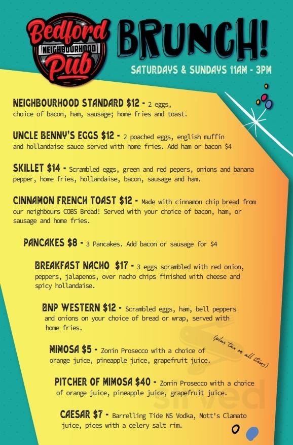 Bedford Neighbourhood Pub menu in Bedford, Nova Scotia, Canada