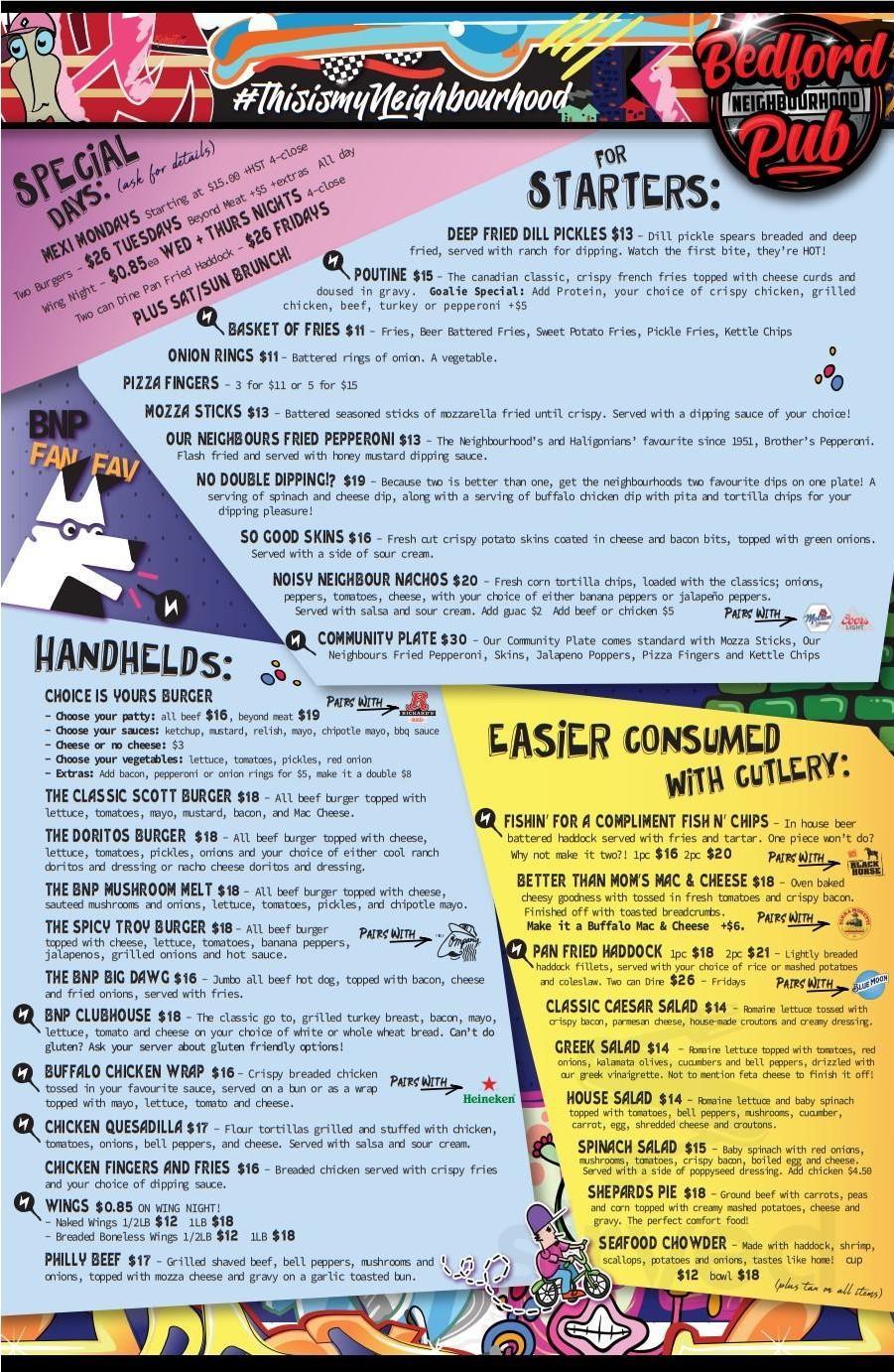 Bedford Neighbourhood Pub menu in Bedford, Nova Scotia, Canada