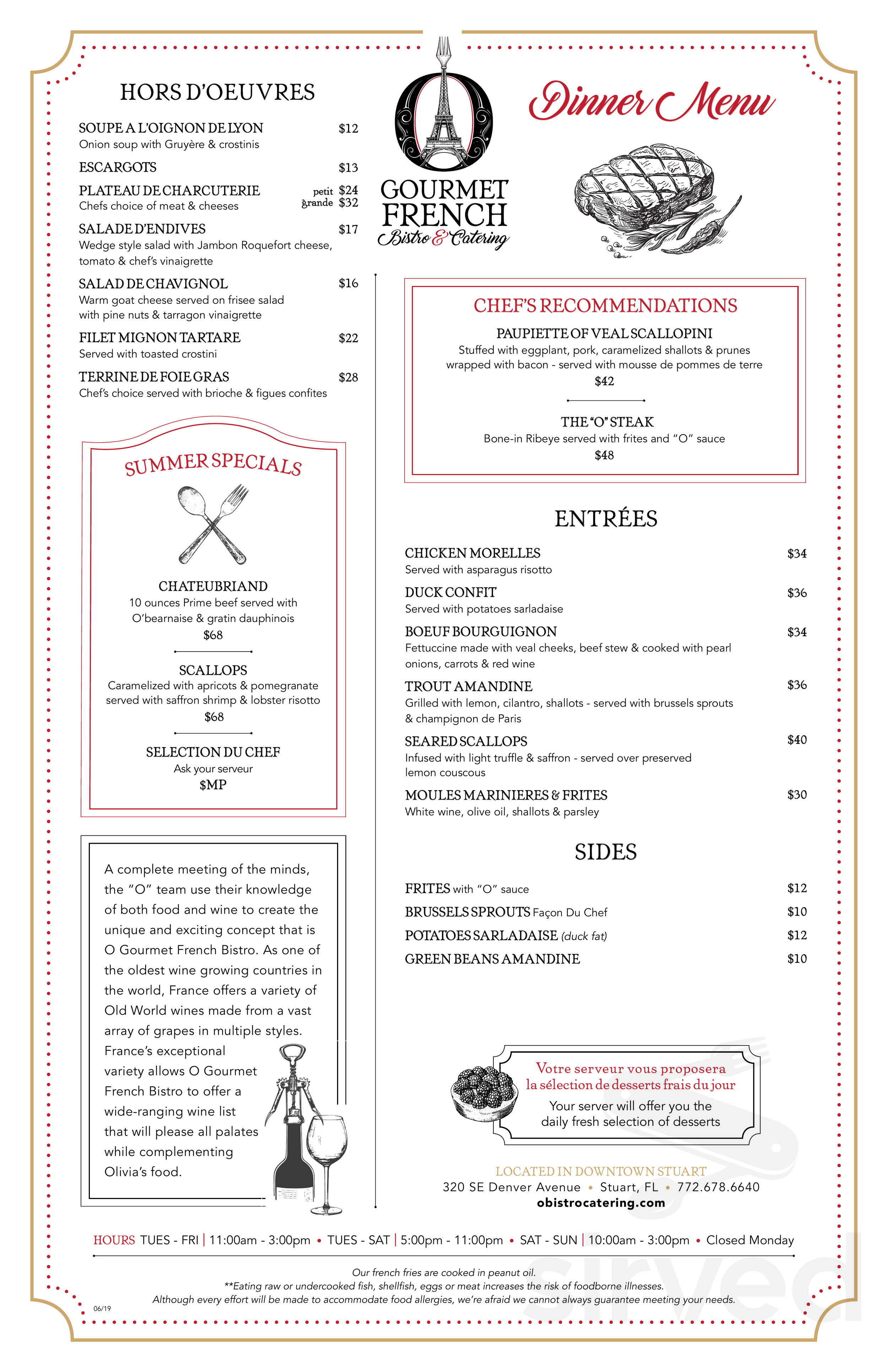 Menu - Stuart FL's O Gourmet French Bistro & Catering | Sirved
