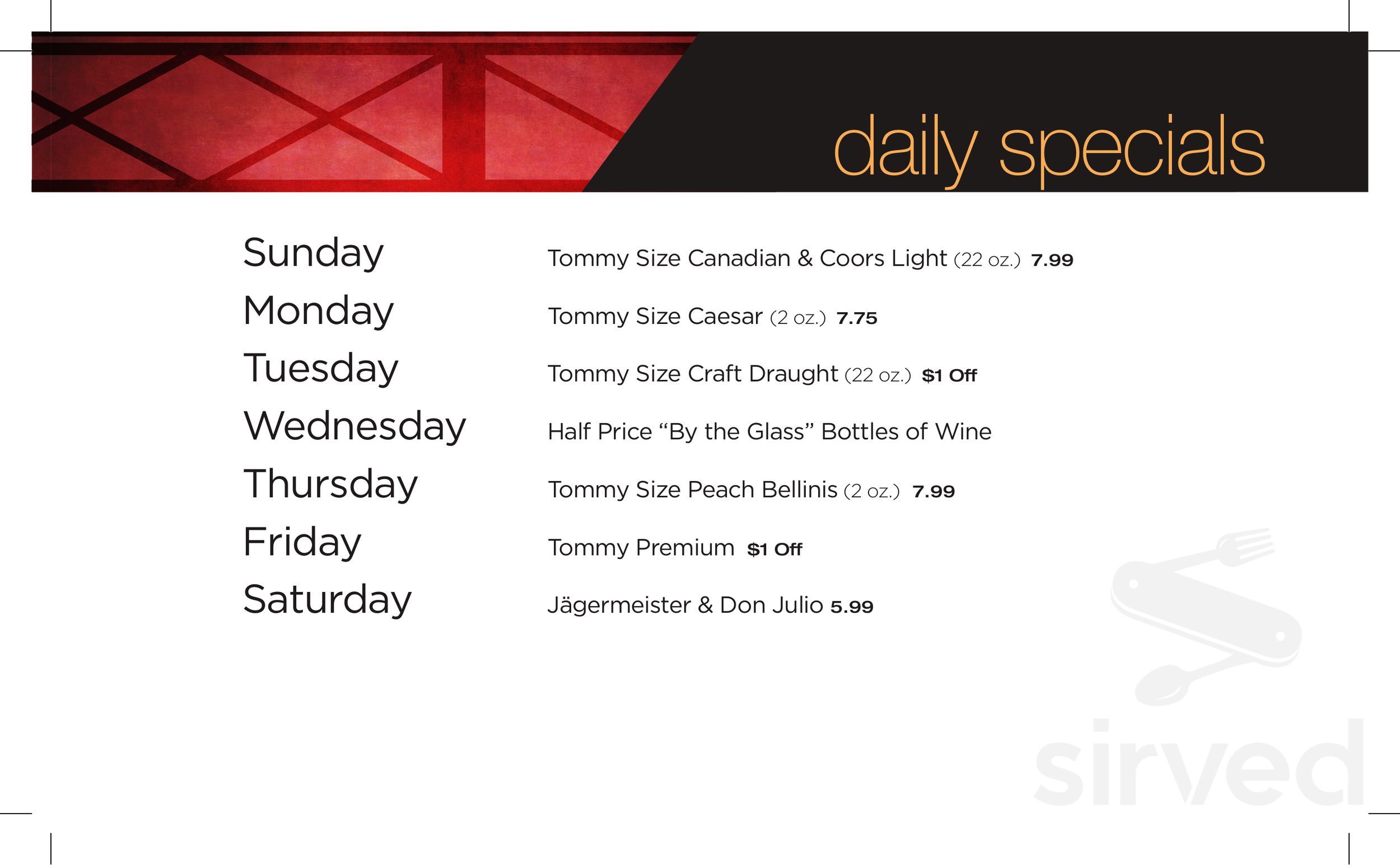 Menu for Sawmill Prime Rib & Steak House in Edmonton, AB | Sirved