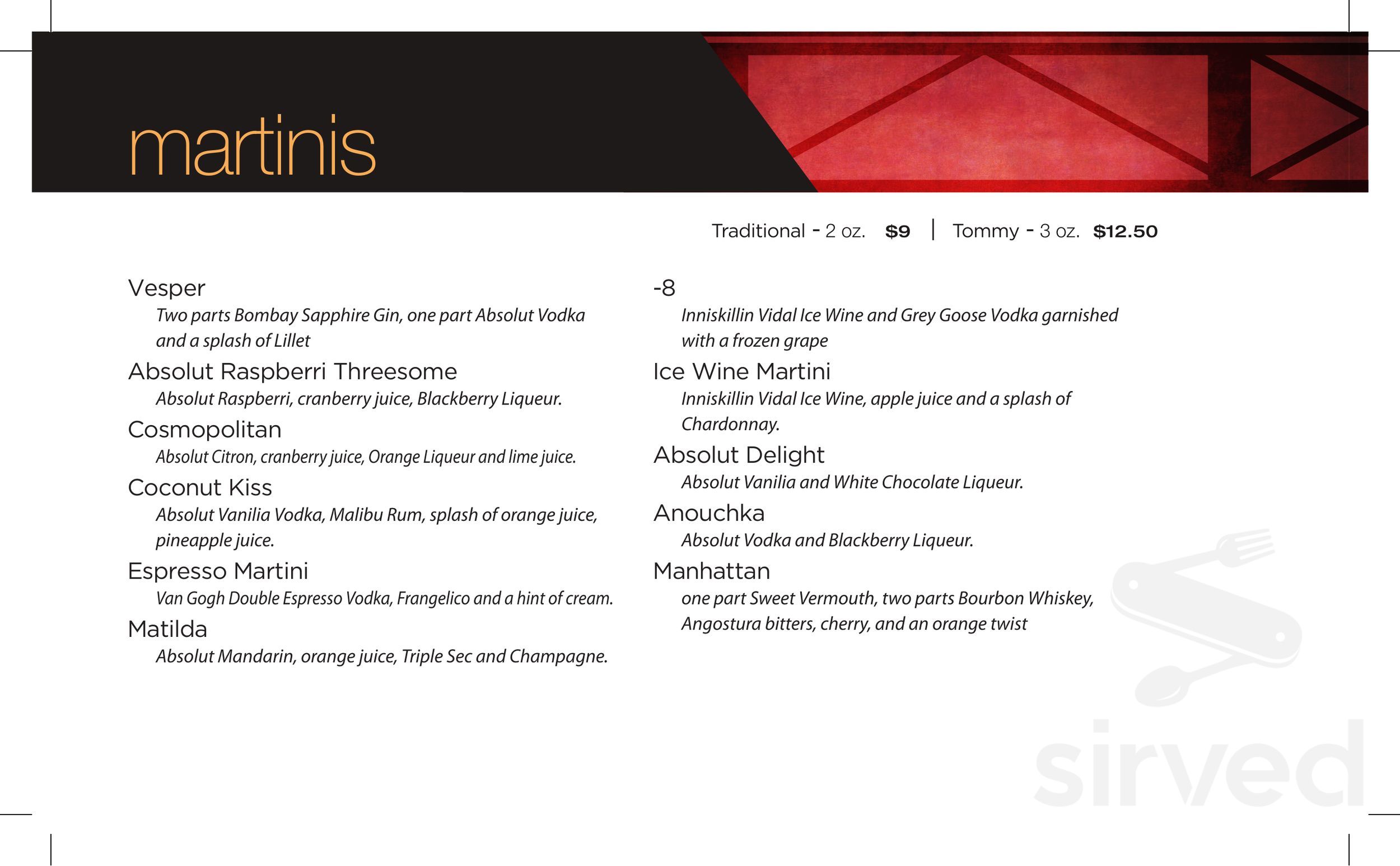 Sawmill Prime Rib & Steak House menu in Edmonton, Alberta, Canada