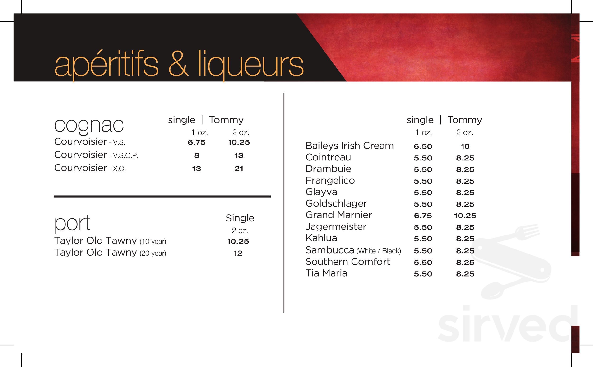 Sawmill Prime Rib & Steak House menu in Edmonton, Alberta, Canada