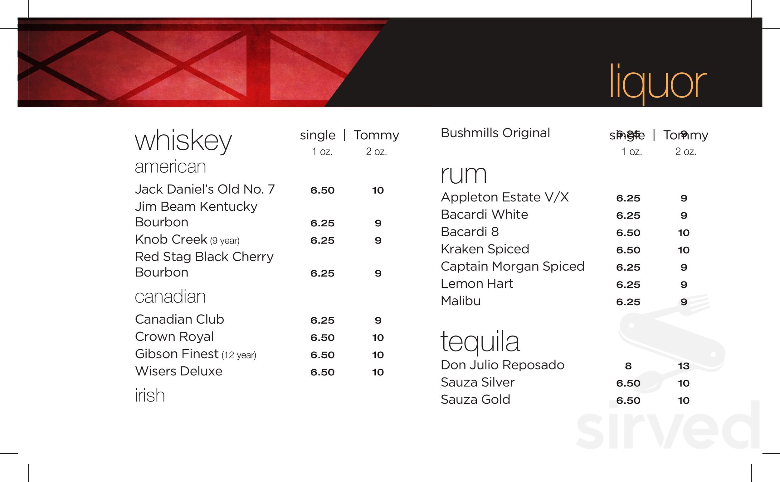 Sawmill Prime Rib & Steak House menu in Edmonton, Alberta, Canada