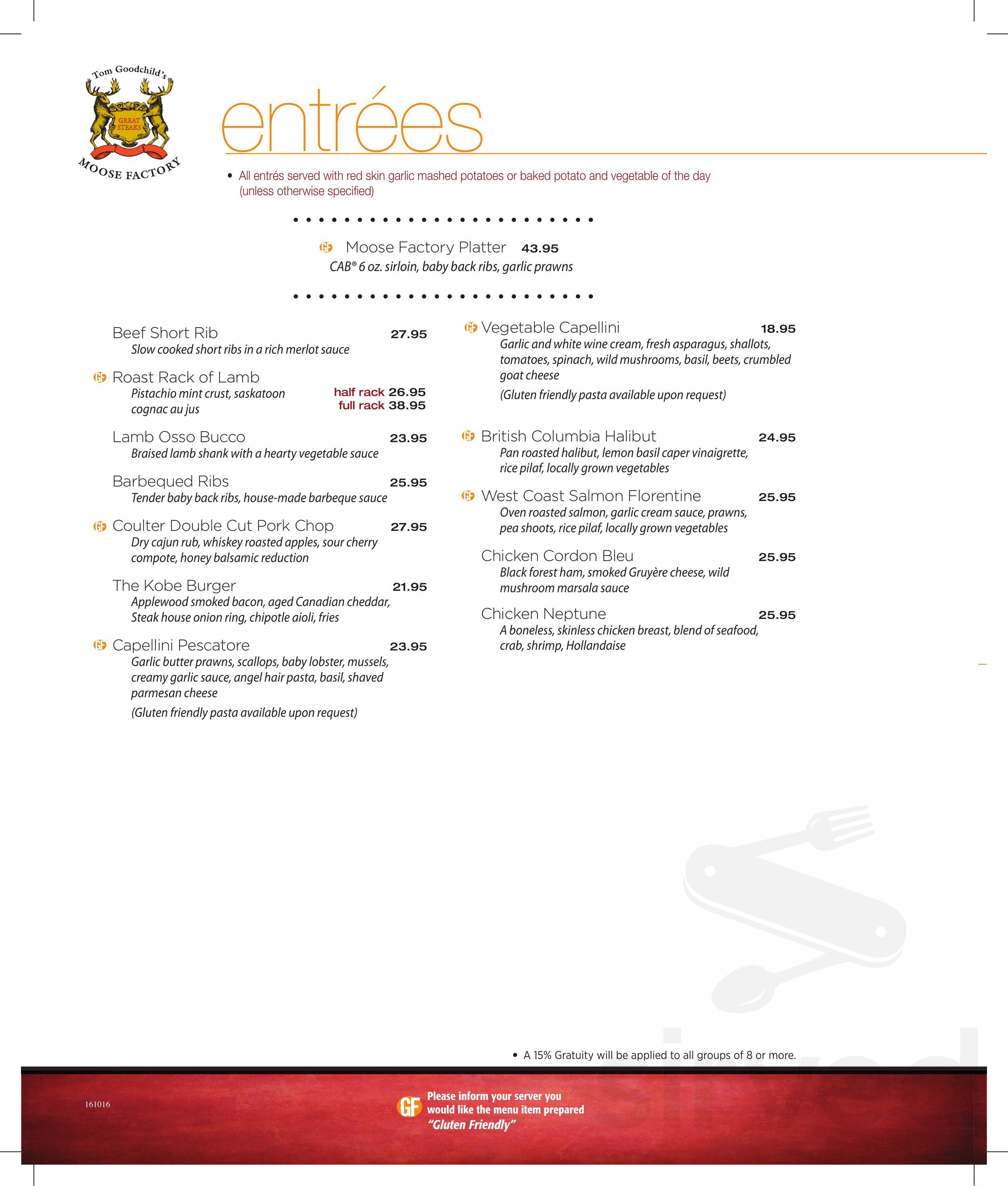 Sawmill Prime Rib & Steak House menu in Edmonton, Alberta, Canada