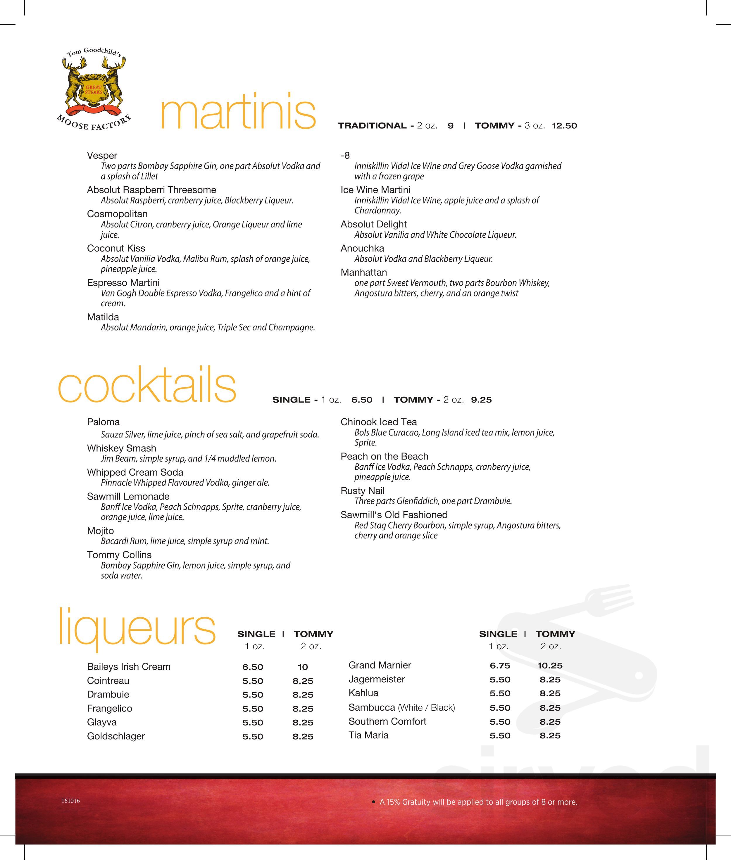 Sawmill Prime Rib & Steak House menu in Edmonton, Alberta, Canada