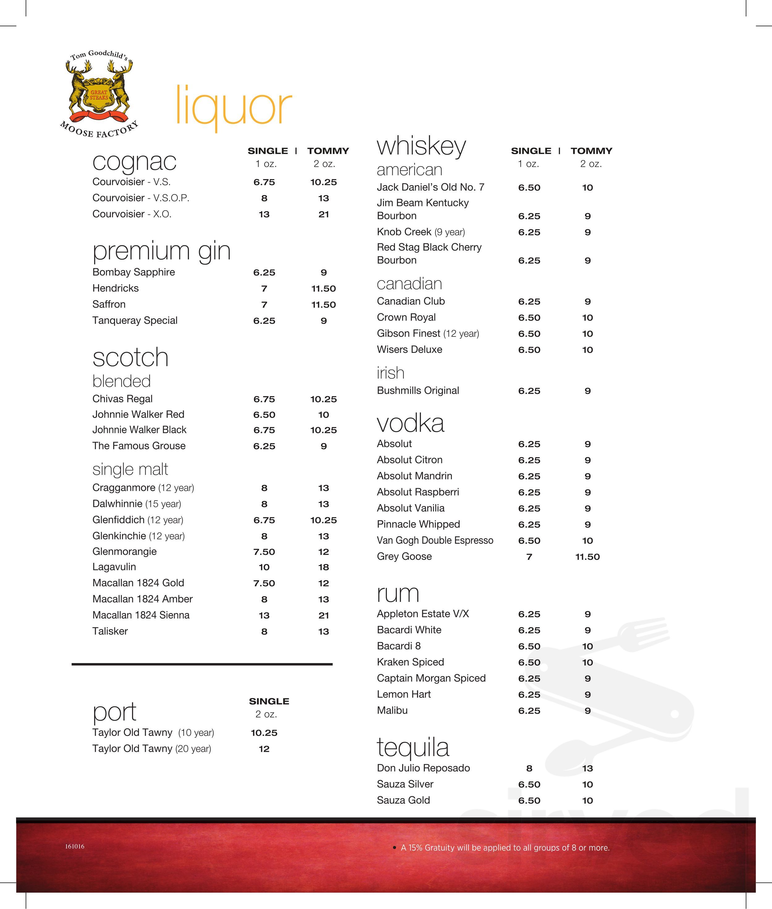 Sawmill Prime Rib & Steak House menu in Edmonton, Alberta, Canada