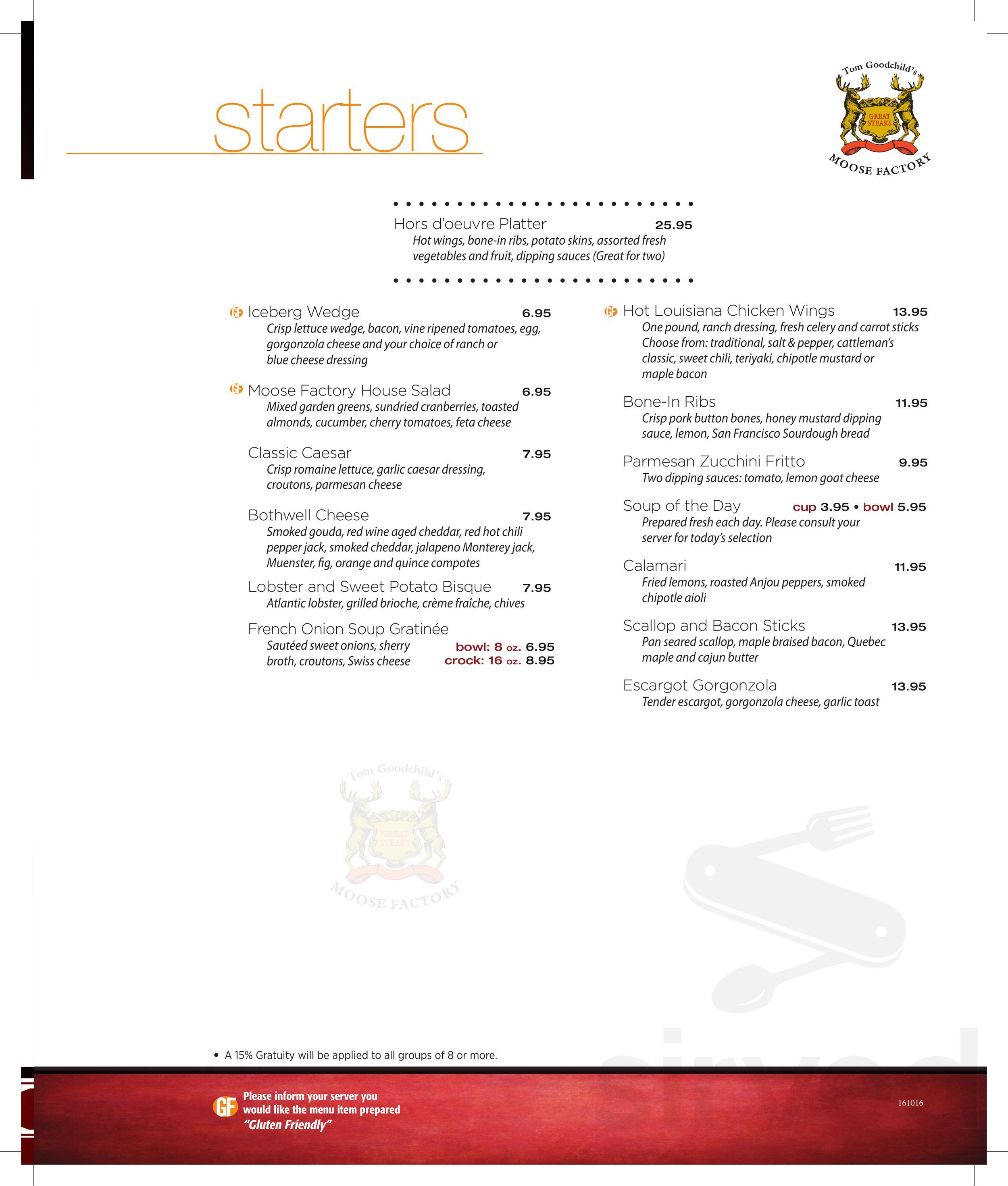 Sawmill Prime Rib & Steak House menu in Edmonton, Alberta, Canada