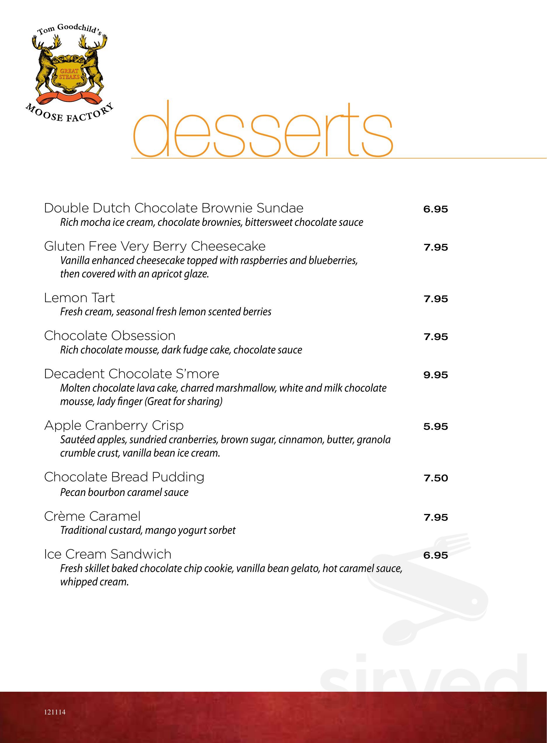 Sawmill Prime Rib & Steak House menu in Edmonton, Alberta, Canada