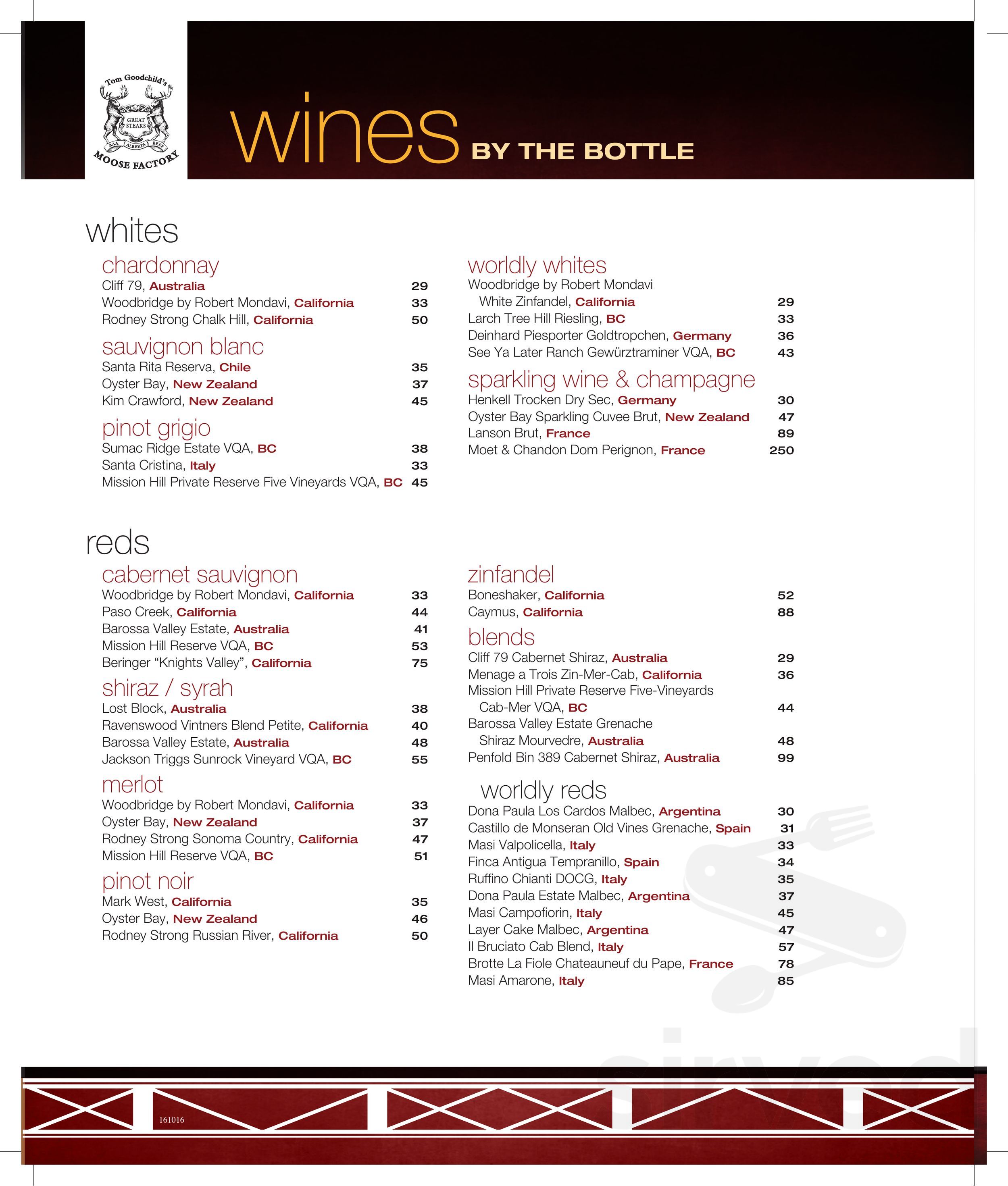 Sawmill Prime Rib & Steak House menu in Edmonton, Alberta, Canada