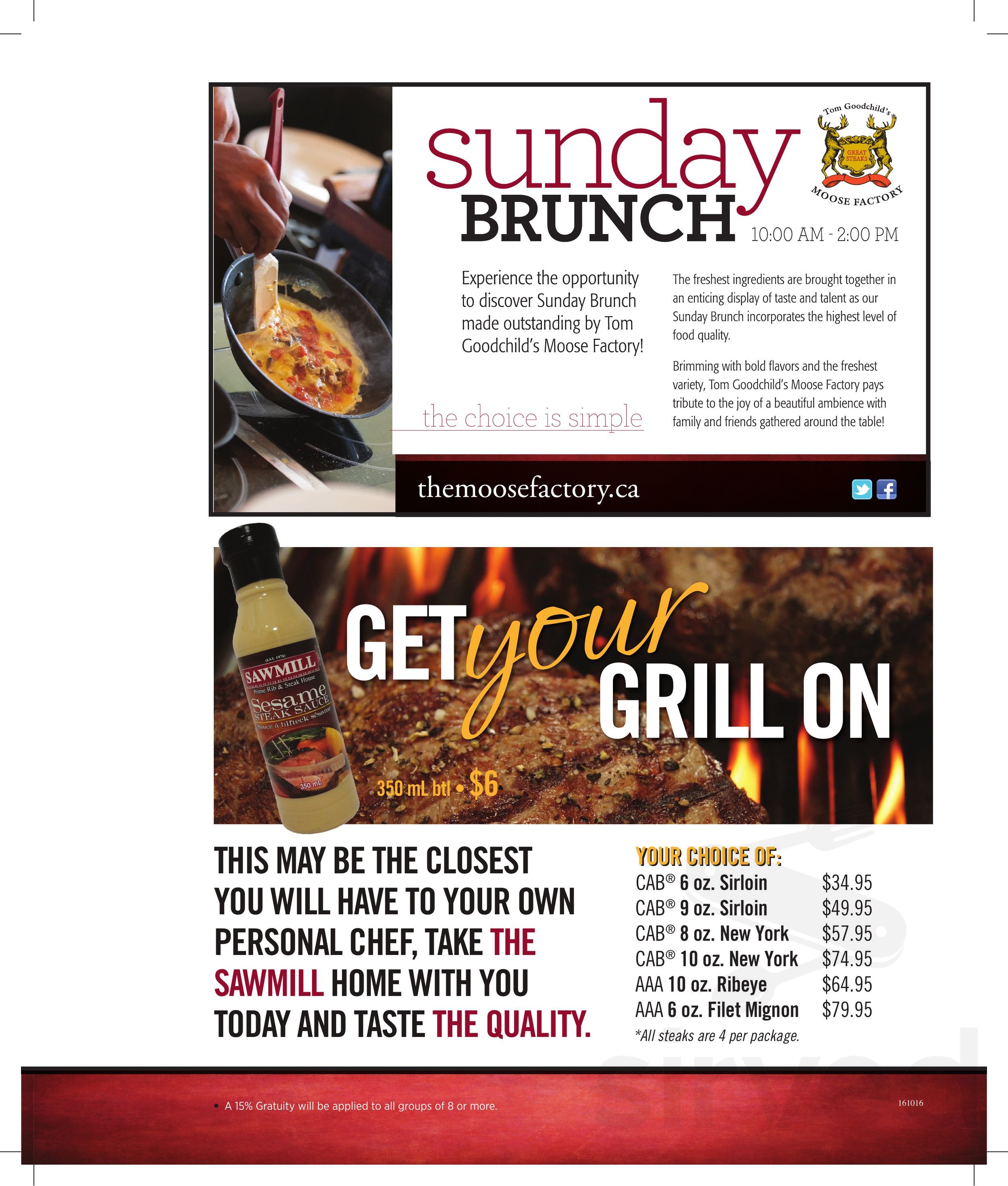 Sawmill Prime Rib & Steak House menu in Edmonton, Alberta, Canada