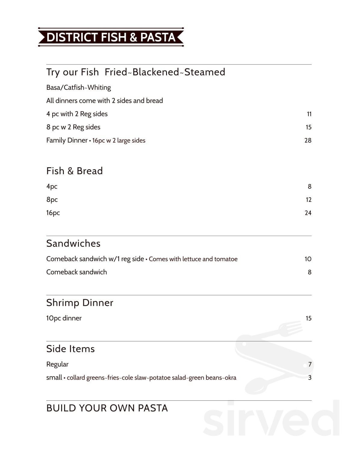 The District Fish & Pasta House menu in Kansas City, Missouri, USA