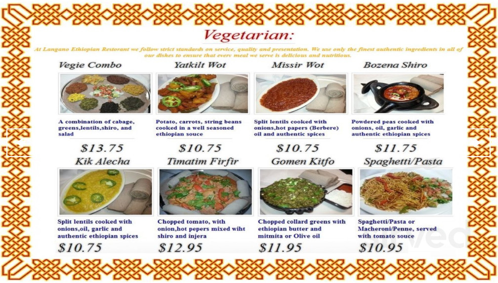 Langano Ethiopian Restaurant menu in Silver Spring, Maryland, USA