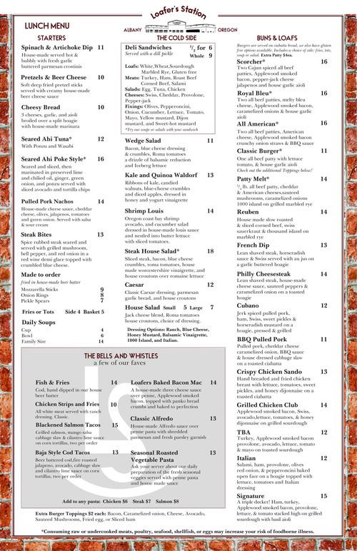 Loafer's Station menu in Albany, Oregon, USA
