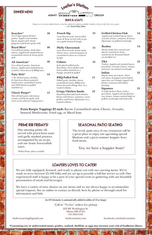 Loafer's Station menu in Albany, Oregon, USA