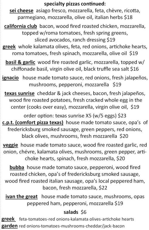 Comfort Pizza menu in Comfort, Texas, USA