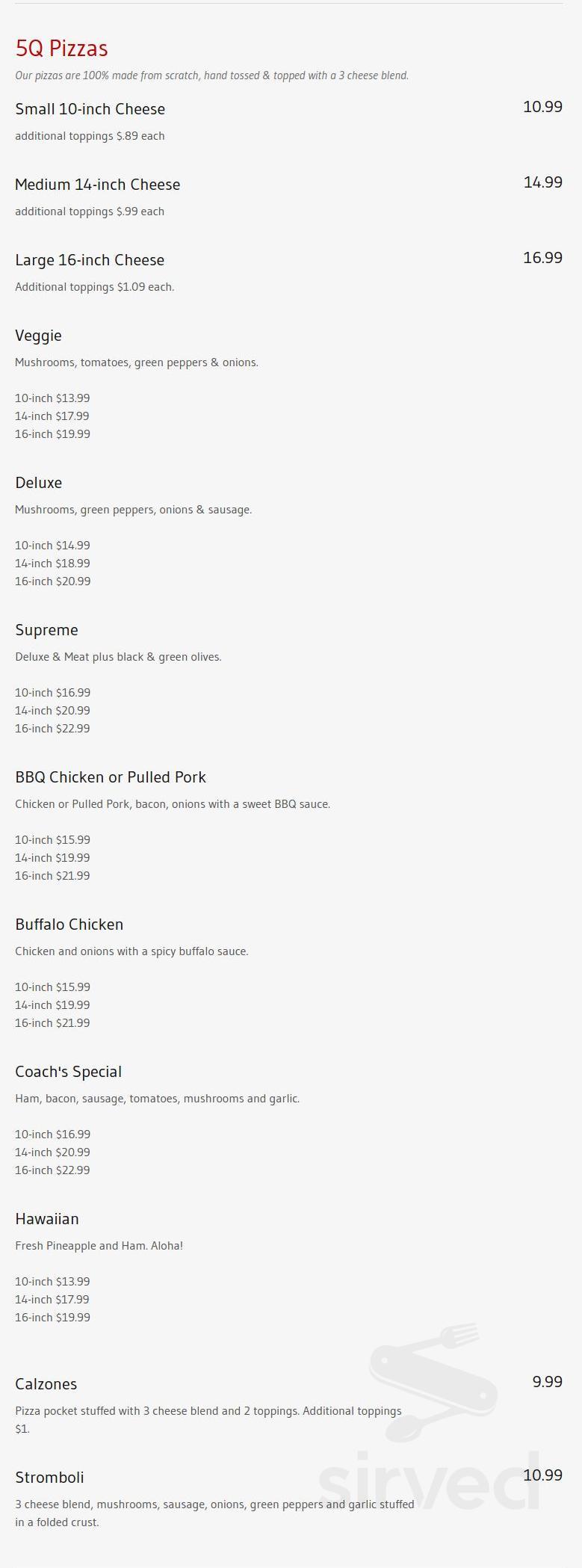 The 5th Quarter Sports Bar and Pizzeria menu in East Peoria, Illinois, USA