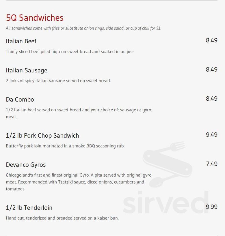 The 5th Quarter Sports Bar and Pizzeria menu in East Peoria, Illinois, USA