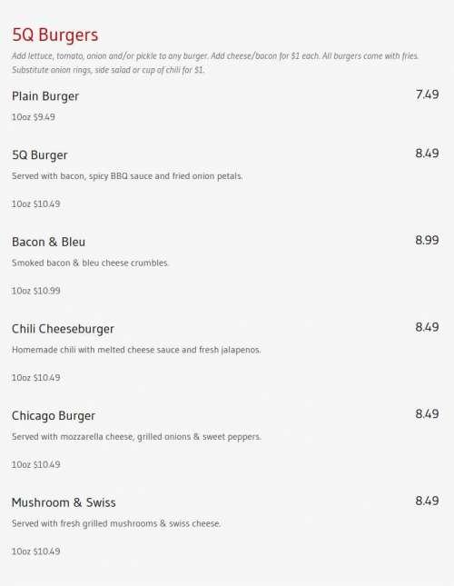 The 5th Quarter Sports Bar and Pizzeria menu in East Peoria, Illinois, USA