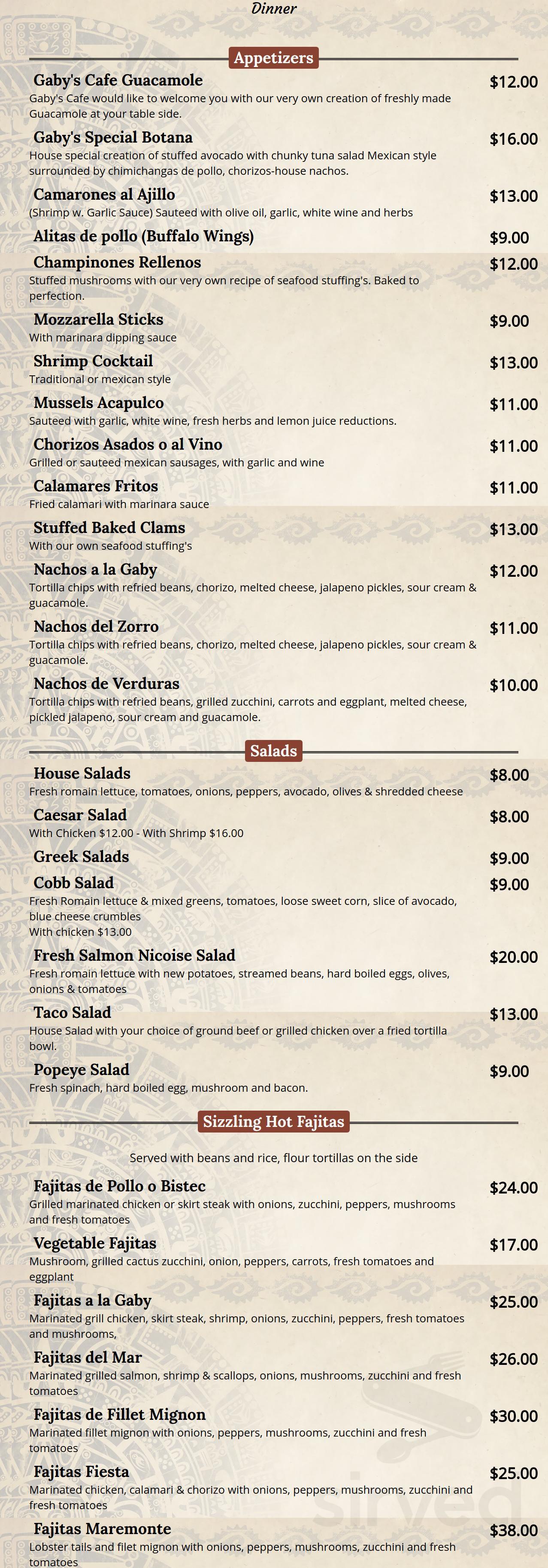 Gaby's Cafe menu in Ellenville, New York, USA