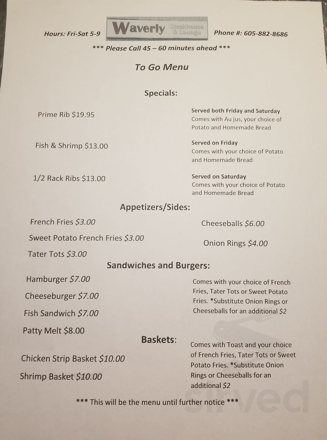 Waverly Steakhouse And Lounge menus in Waverly, South Dakota, United States