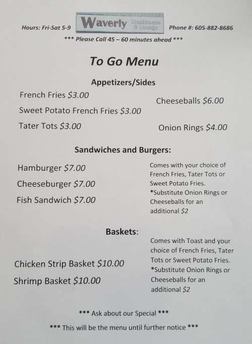 Waverly Steakhouse And Lounge menu in Waverly, South Dakota, USA