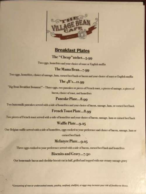 Village Bean Cafe menu in Chepachet, Rhode Island, USA