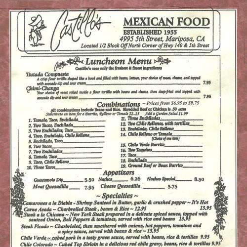 Castillo's menu in Mariposa, California, USA