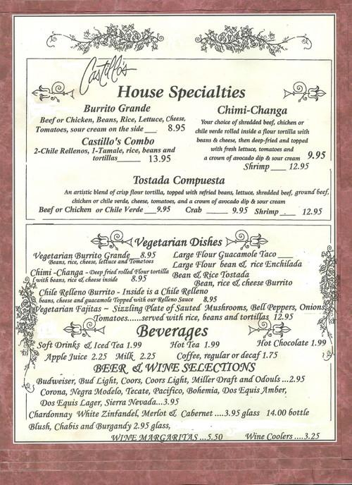 Castillo's menu in Mariposa, California, USA