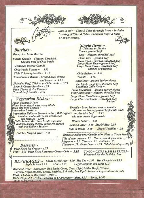 Castillo's menu in Mariposa, California, USA