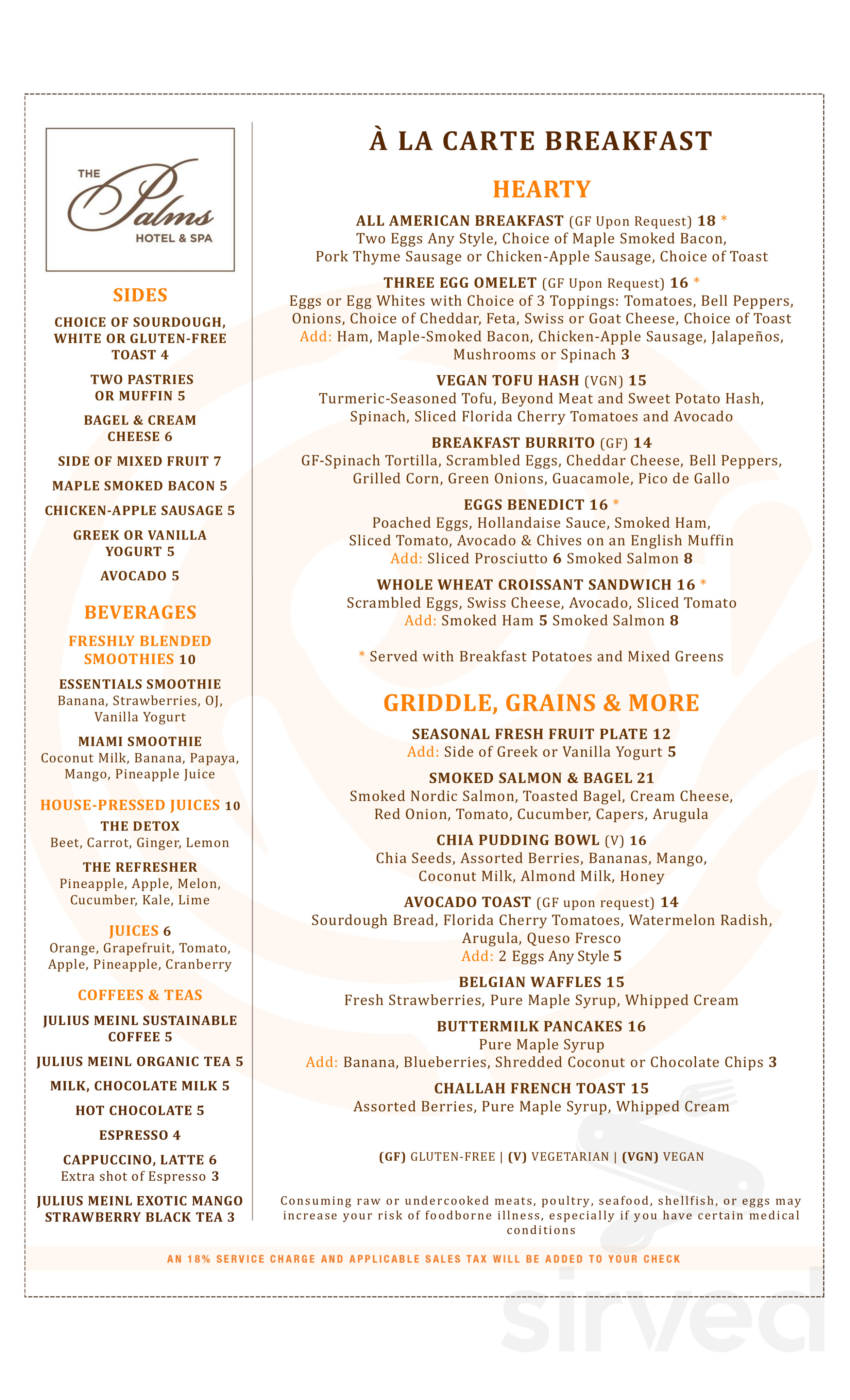 The Restaurant at The Palms menu in Miami Beach, Florida, USA