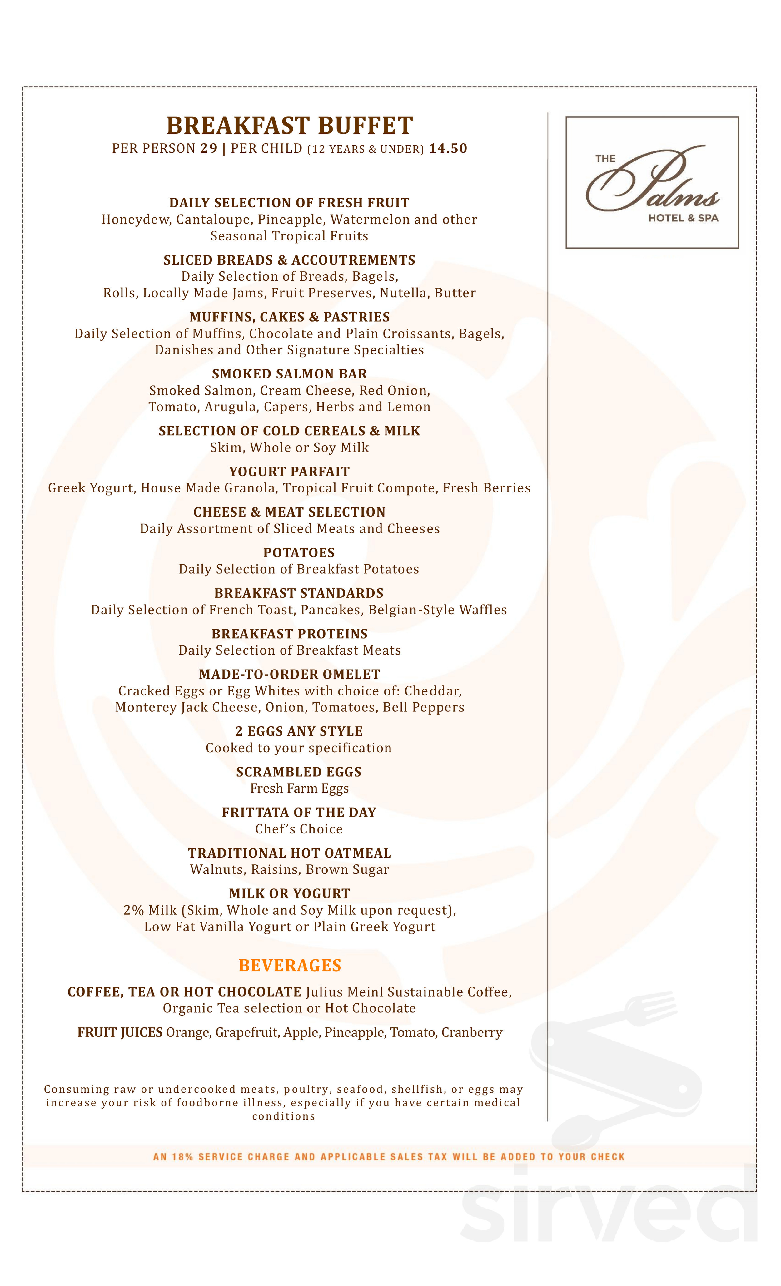 The Restaurant at The Palms menu in Miami Beach, Florida, USA