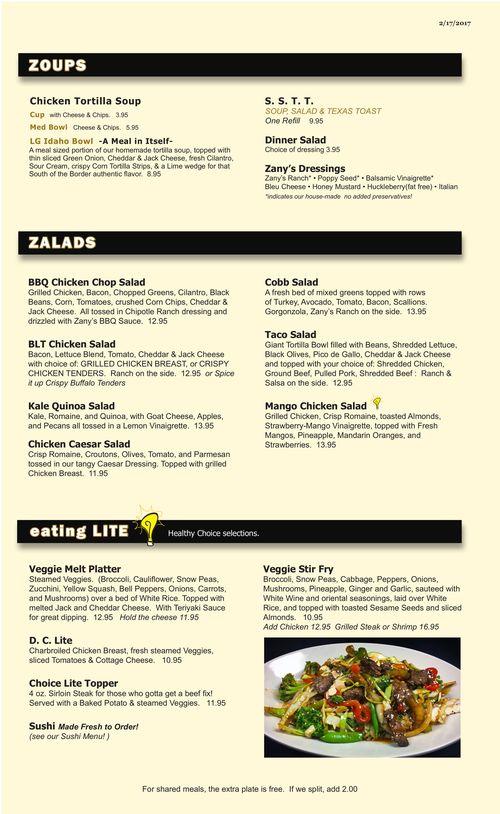 Zany Graze menu in Lewiston, Idaho, USA