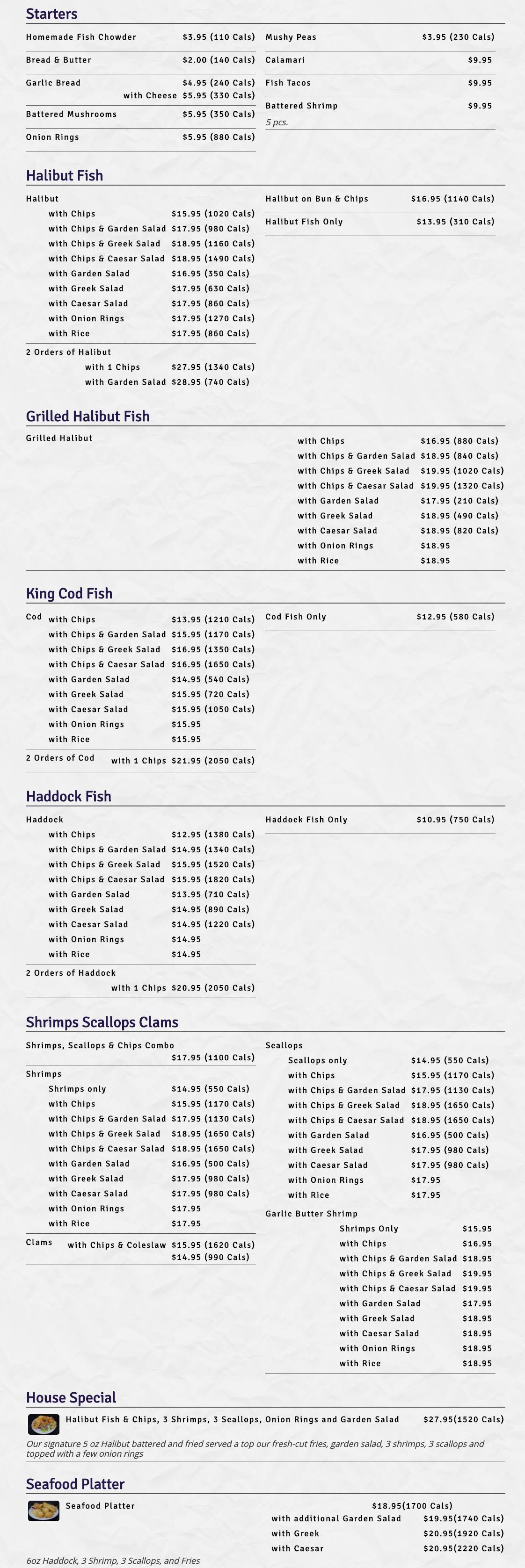 Halibut House Fish and Chips menu in Brantford, Ontario, Canada