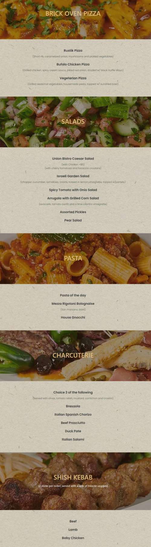 Union Bistro menu in Queens, New York, USA