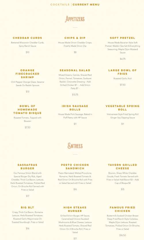 Sassafras menu in Philadelphia, Pennsylvania, USA