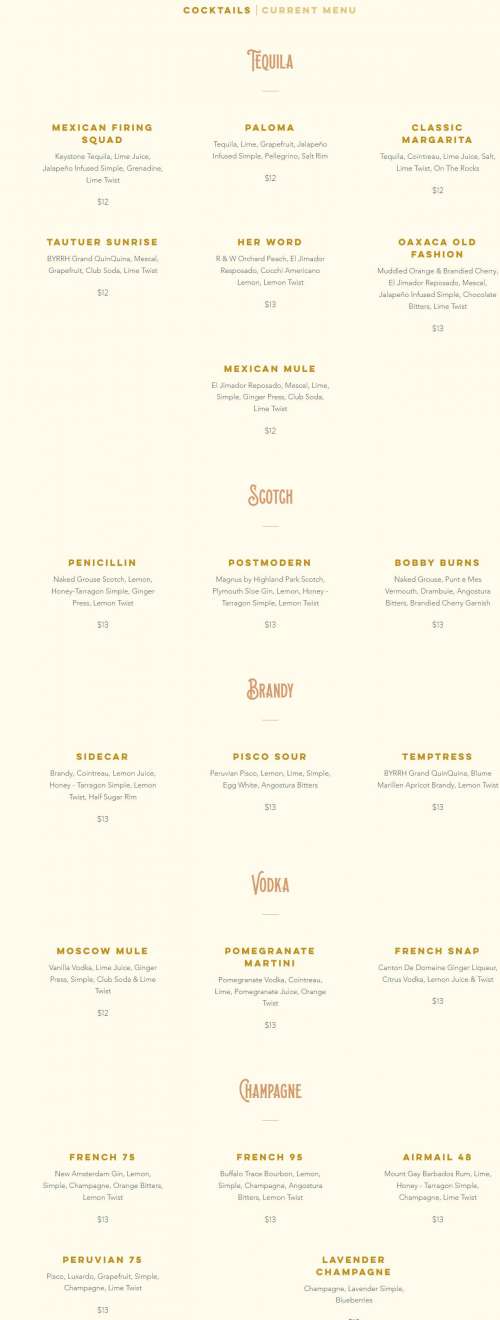 Sassafras menu in Philadelphia, Pennsylvania, USA