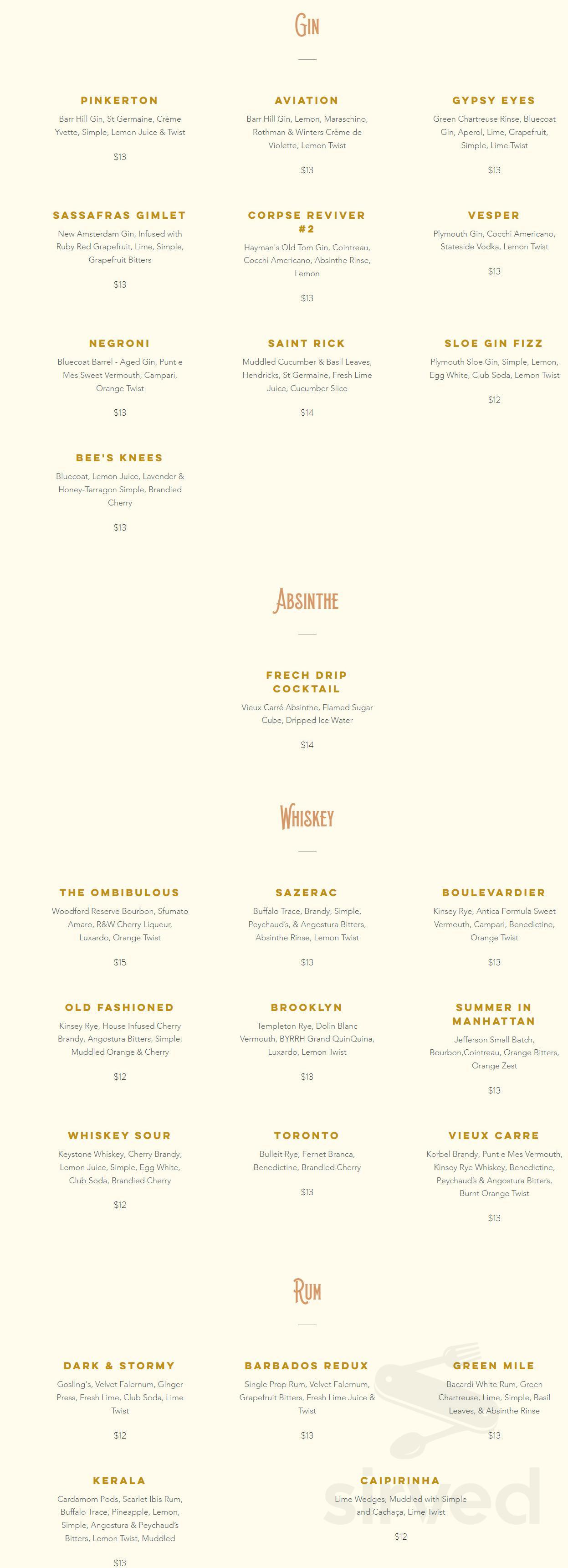 Sassafras menu in Philadelphia, Pennsylvania, USA