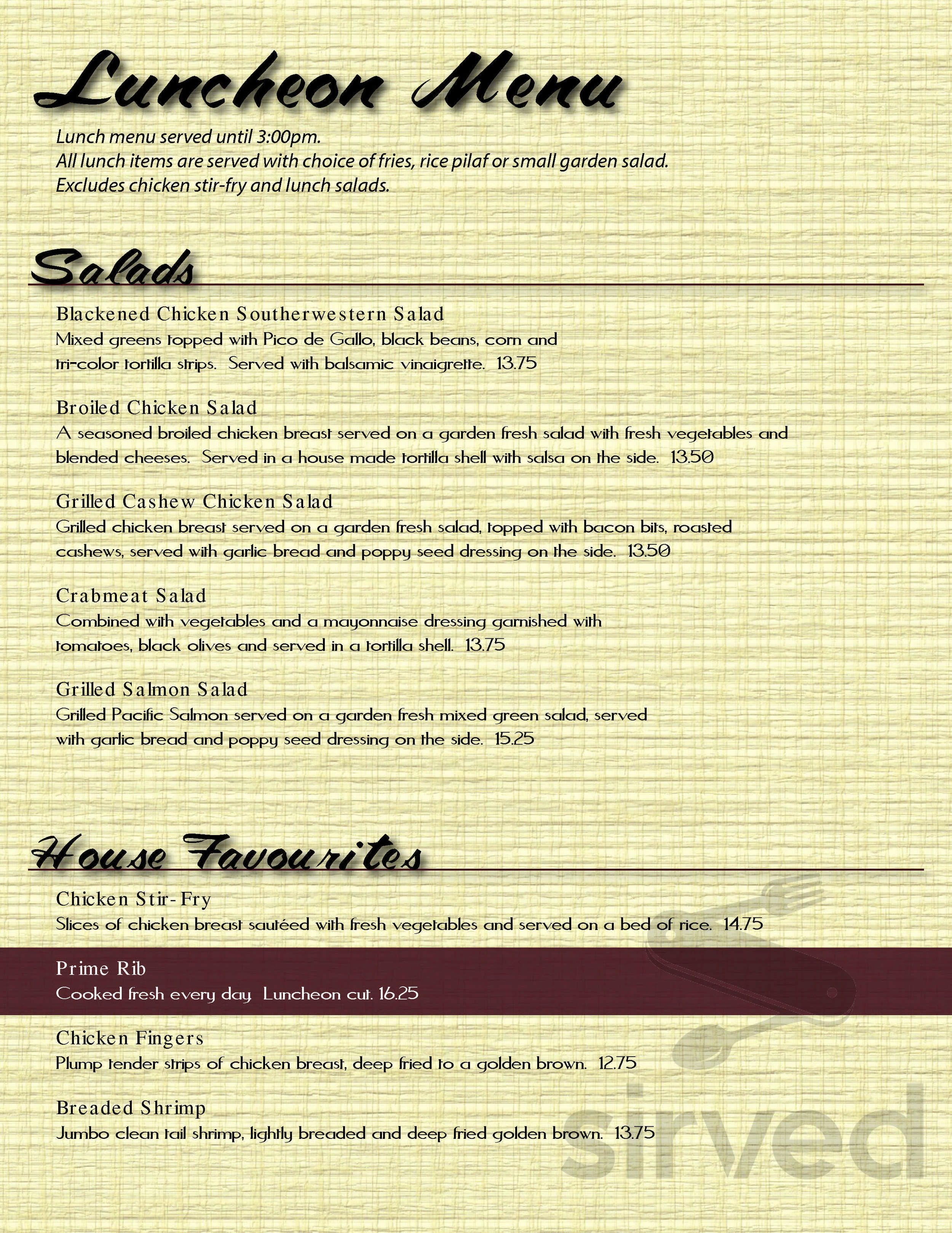 Waggs Steak & Seafood Restaurant menu in Sarnia, Ontario, Canada