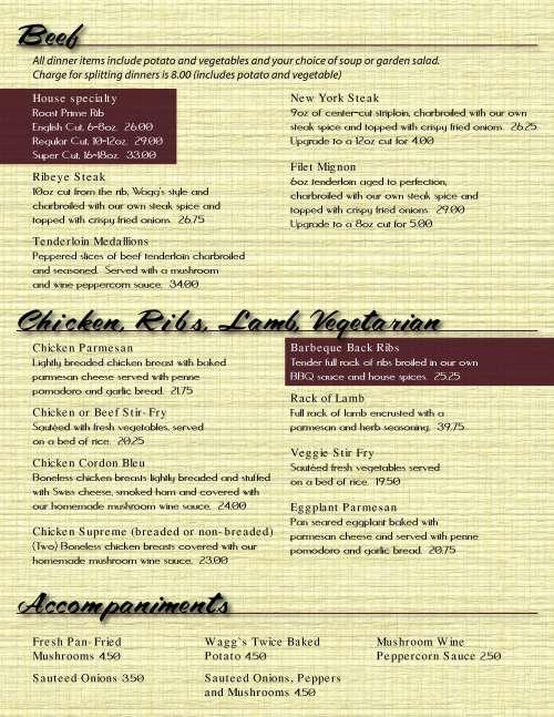 Waggs Steak & Seafood Restaurant menu in Sarnia, Ontario, Canada