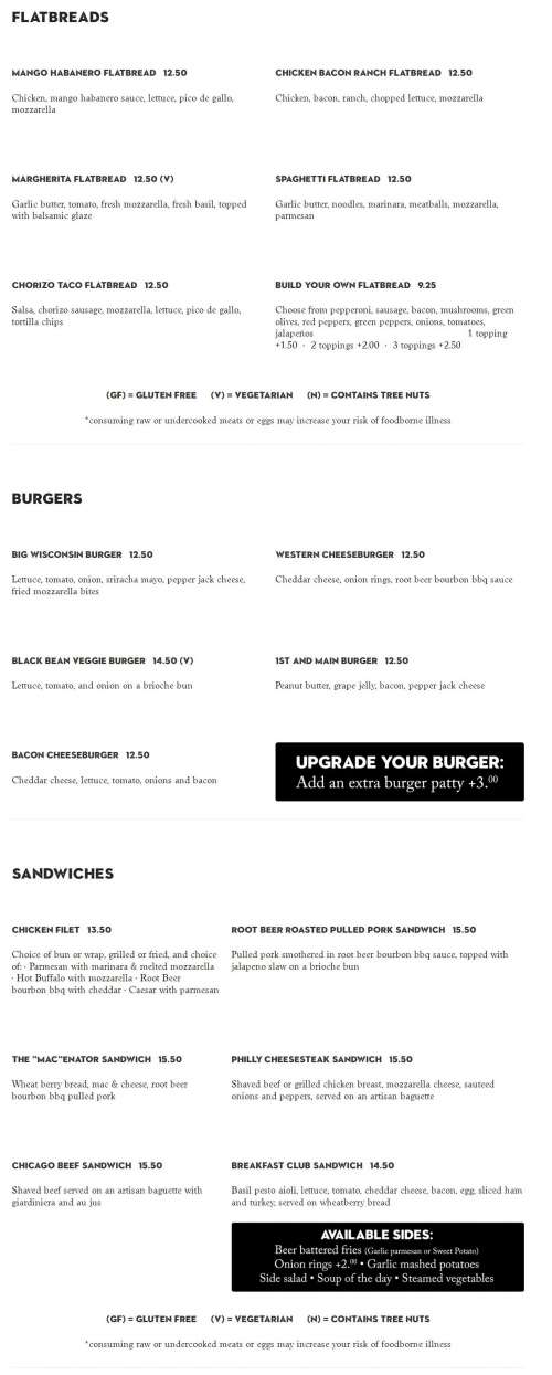 1st & Main menu in Dubuque, Iowa, USA