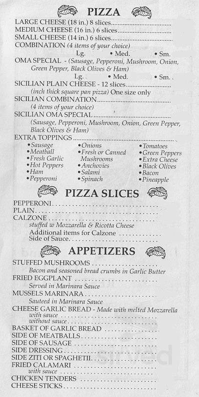 Oma's Pizza and Italian Restaurant menu in Bradenton Beach, Florida, USA