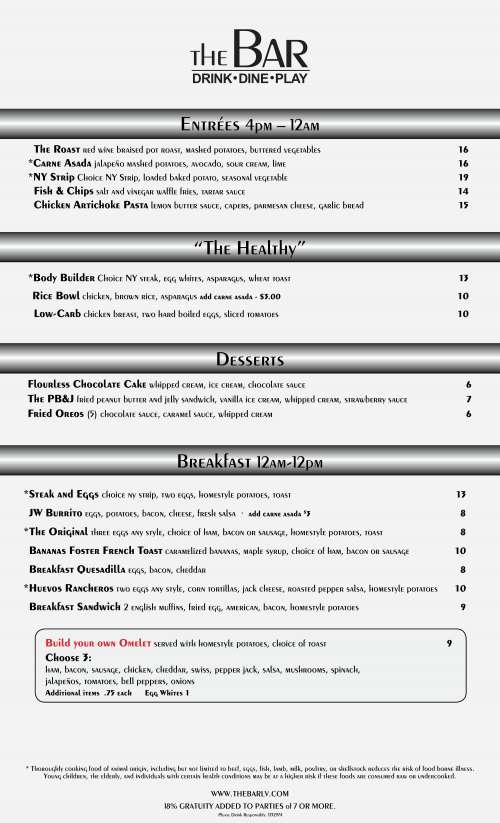 The Bar @ Trails Village menu in Las Vegas, Nevada, USA