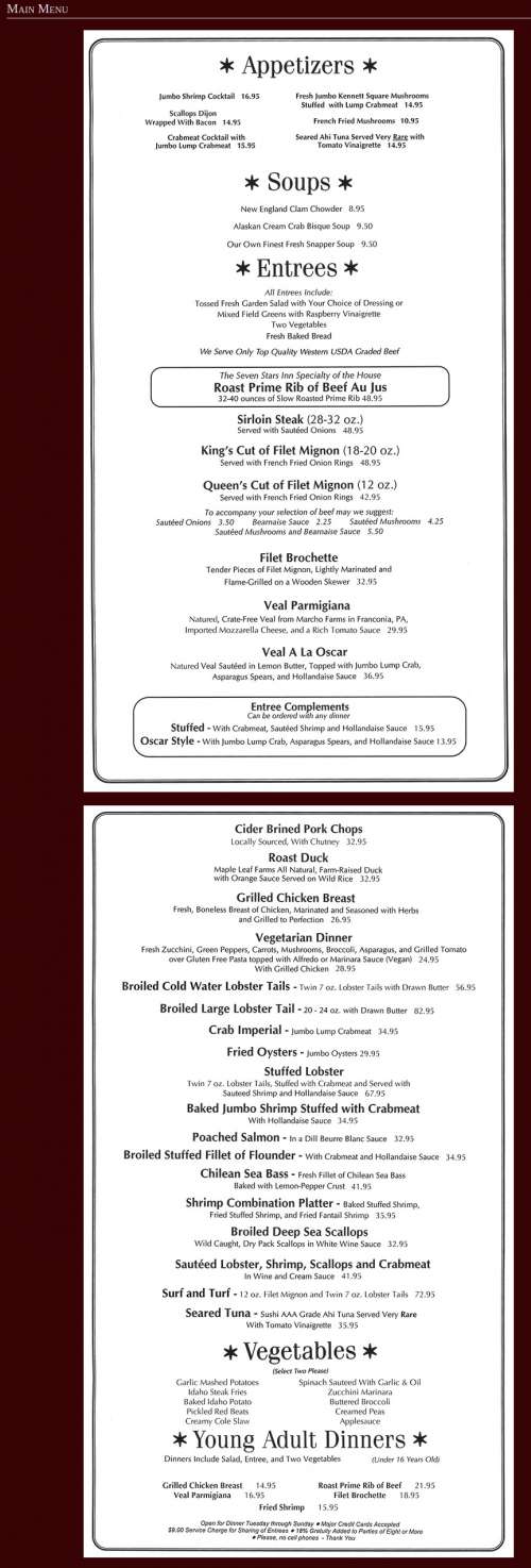 Seven Stars Inn menu in Phoenixville, Pennsylvania, USA
